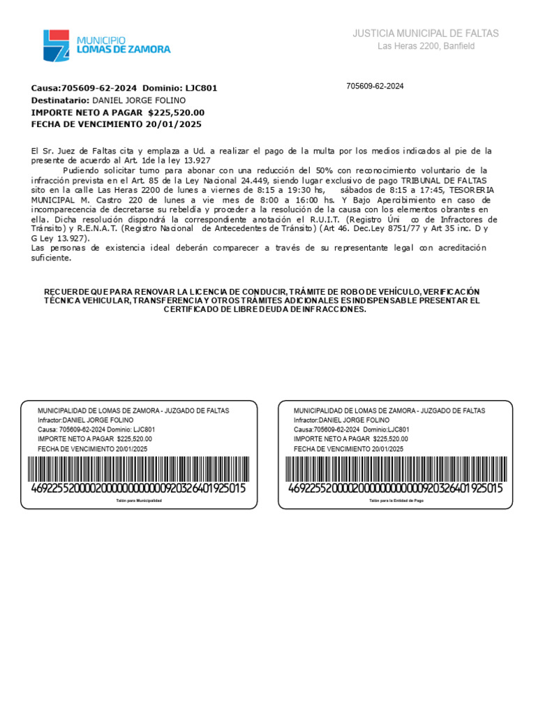 Multa de Tránsito: Daniel Folino $225,520 | PDF