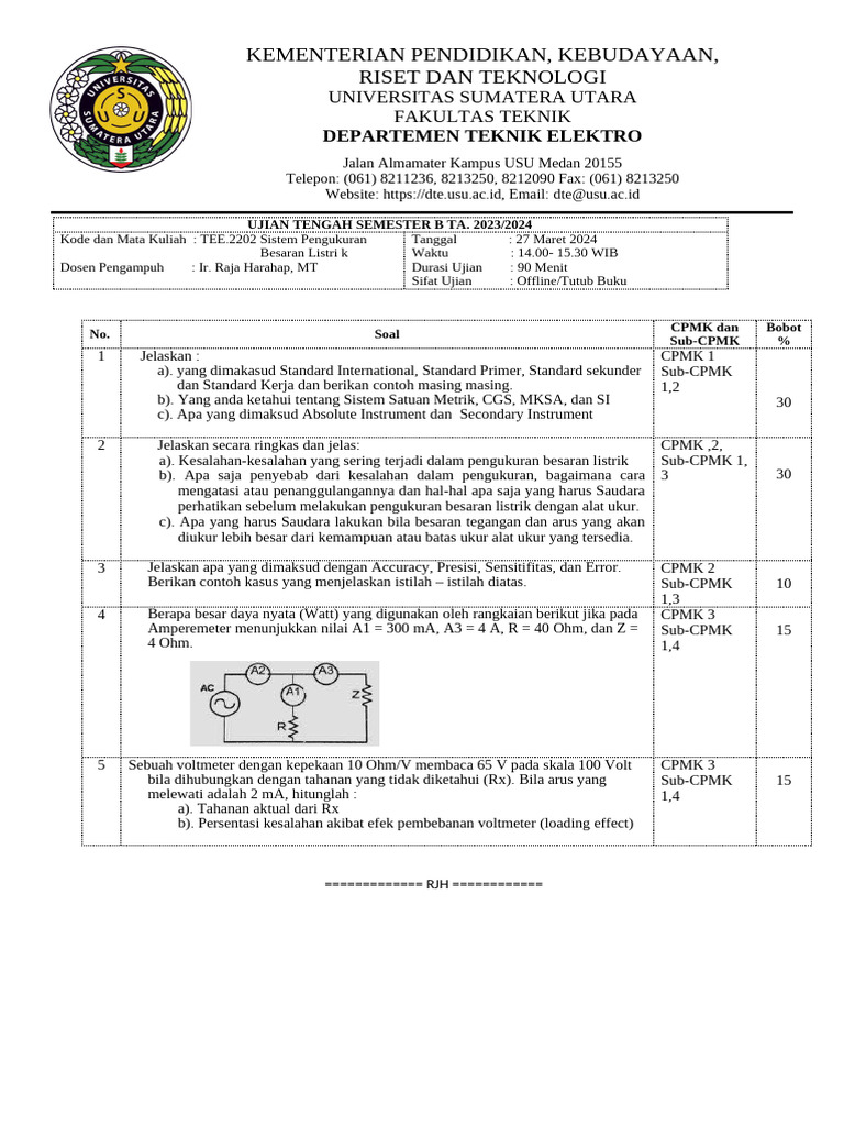 Soal UTS Sistem Peng. Besaran Listrik B MBKM KLS.D 2023-2024 | PDF