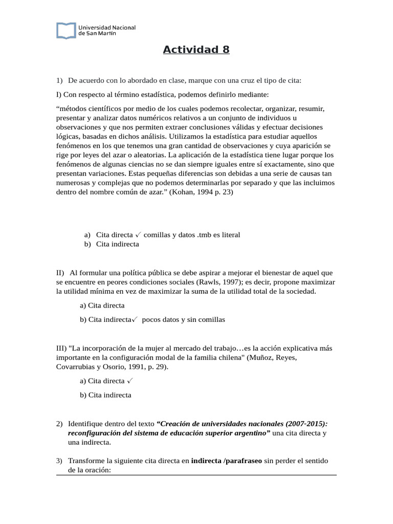 Actividad de Citas Directas e Indirectas | PDF | Estadísticas | Sociedad