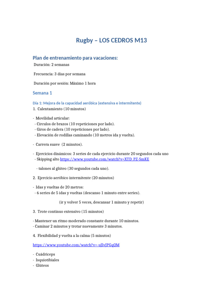 Plan de Entrenamiento Rugby 13 AÃ Os | PDF | Ejercicio físico | Aptitud ...