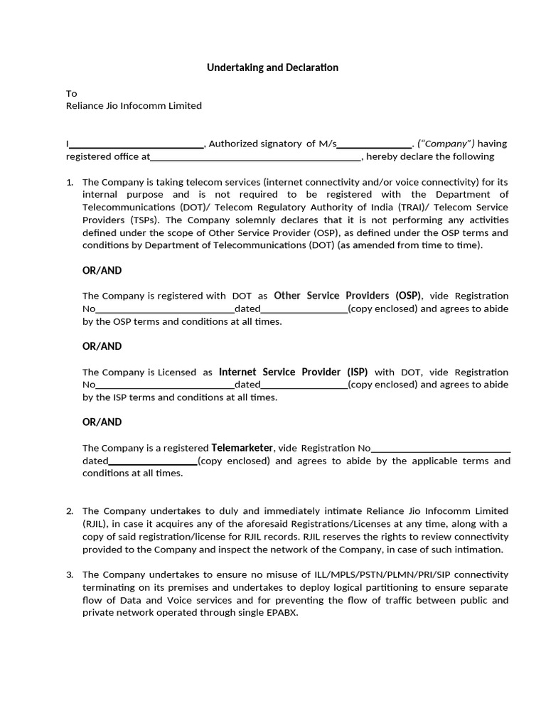 Undertaking and Declaration To RJIL For OSP ISP and TM | PDF | Service Industries ...