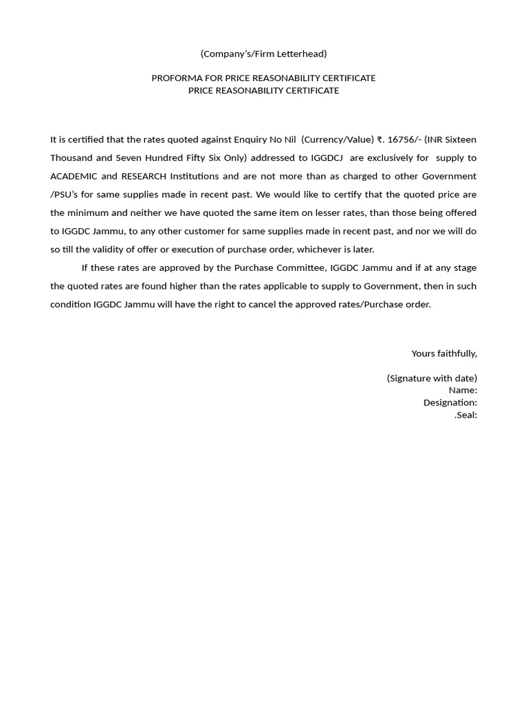 Price Reasonability Certificate for IGGDC | PDF