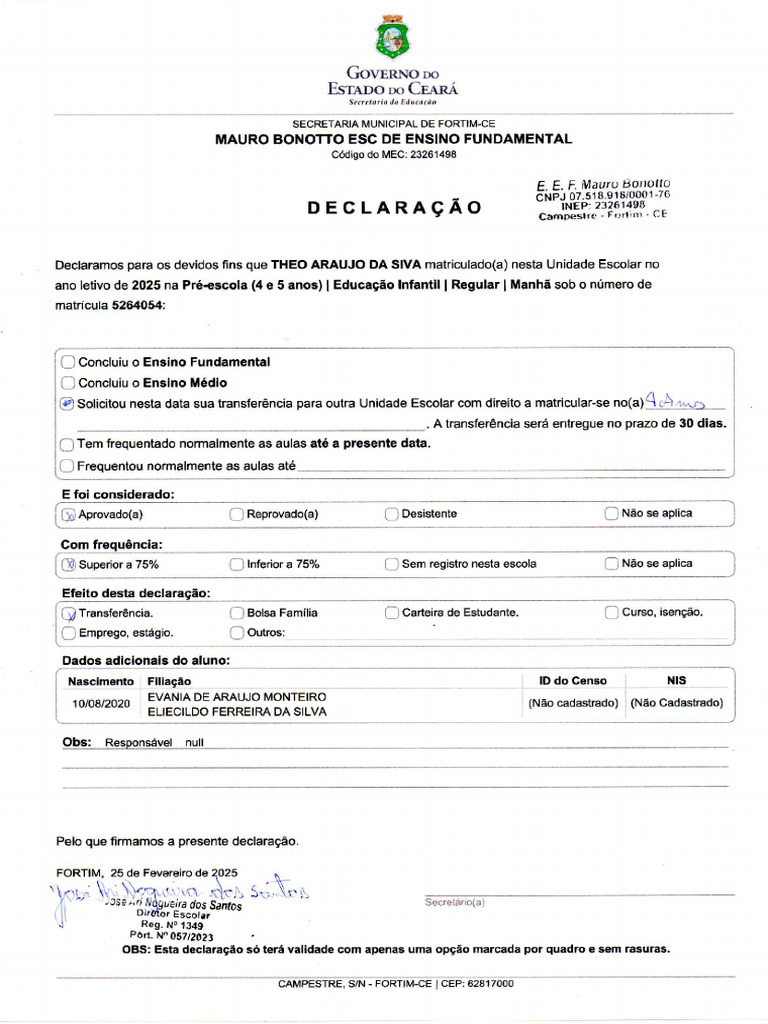 Declaração Theo Araujo 4 Anos Tranf | PDF