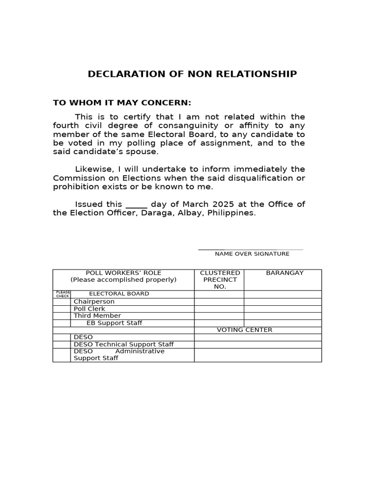 Non-Relationship Declaration for Election | PDF