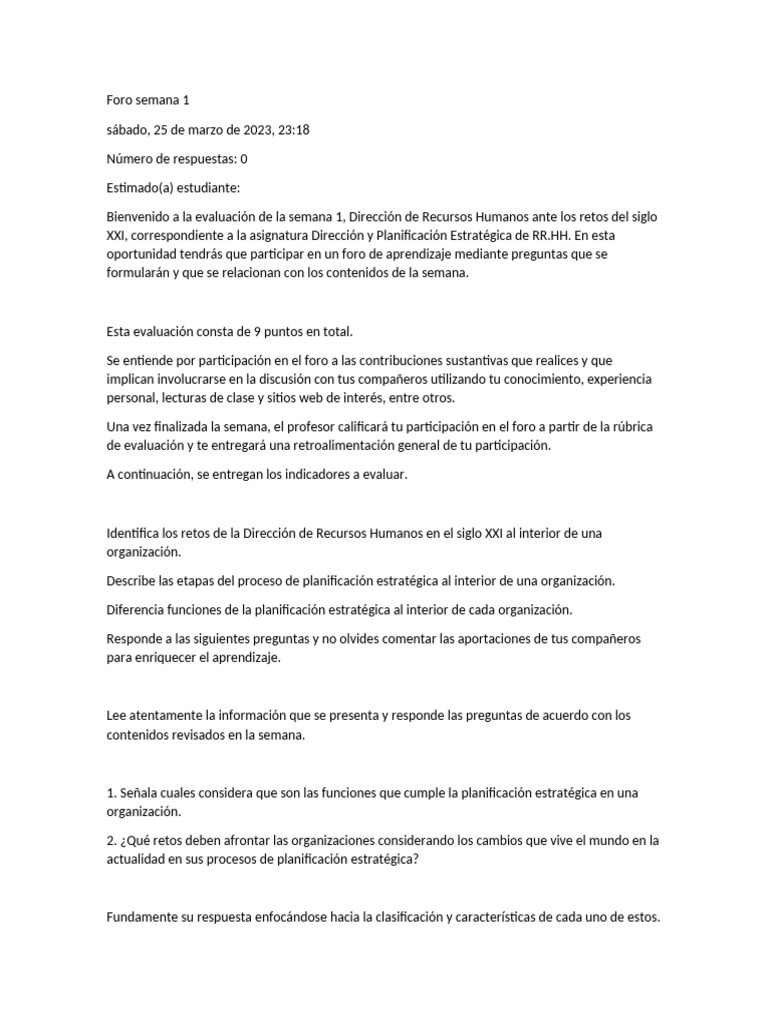 Foro Semana 1 Direccion y Planificacion Estrategica de RRHH | PDF