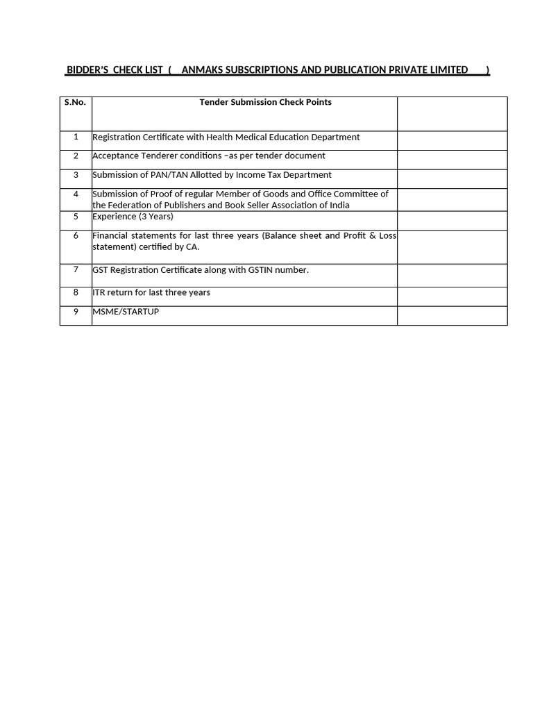 Tender Submission Checklist Guide | PDF | Taxes