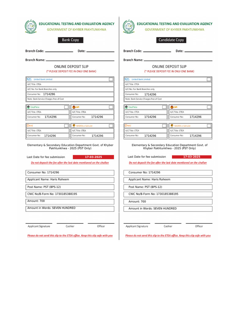 ETEA Chalan Form For Teaching Post | PDF