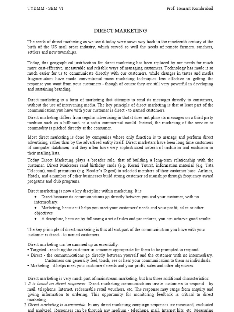 Introduction To Direct Marketing | PDF | Direct Marketing | Marketing