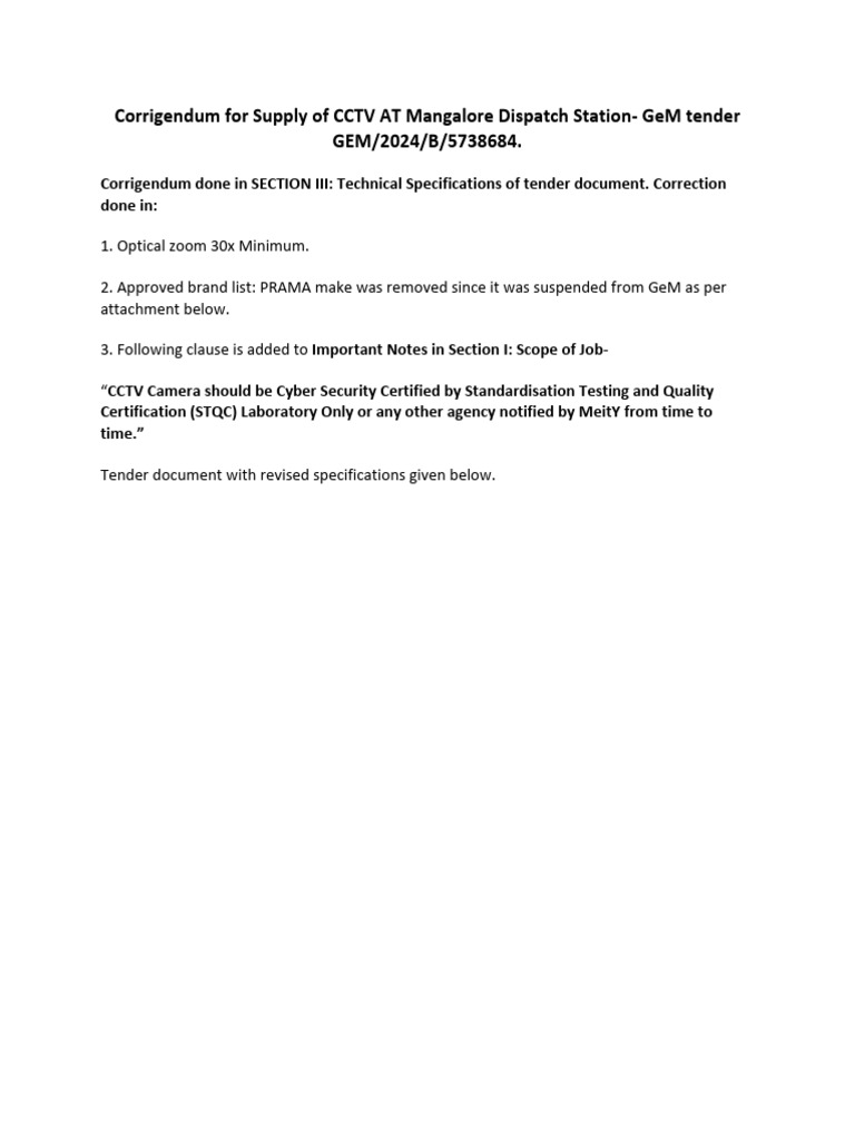 CCTV Tender Corrigendum Mangalore 2024 | PDF | Network Switch | Surveillance
