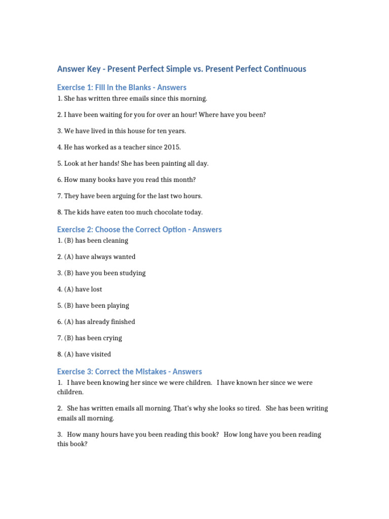 Present Perfect Answer Key | PDF | Spanish Language | Linguistics