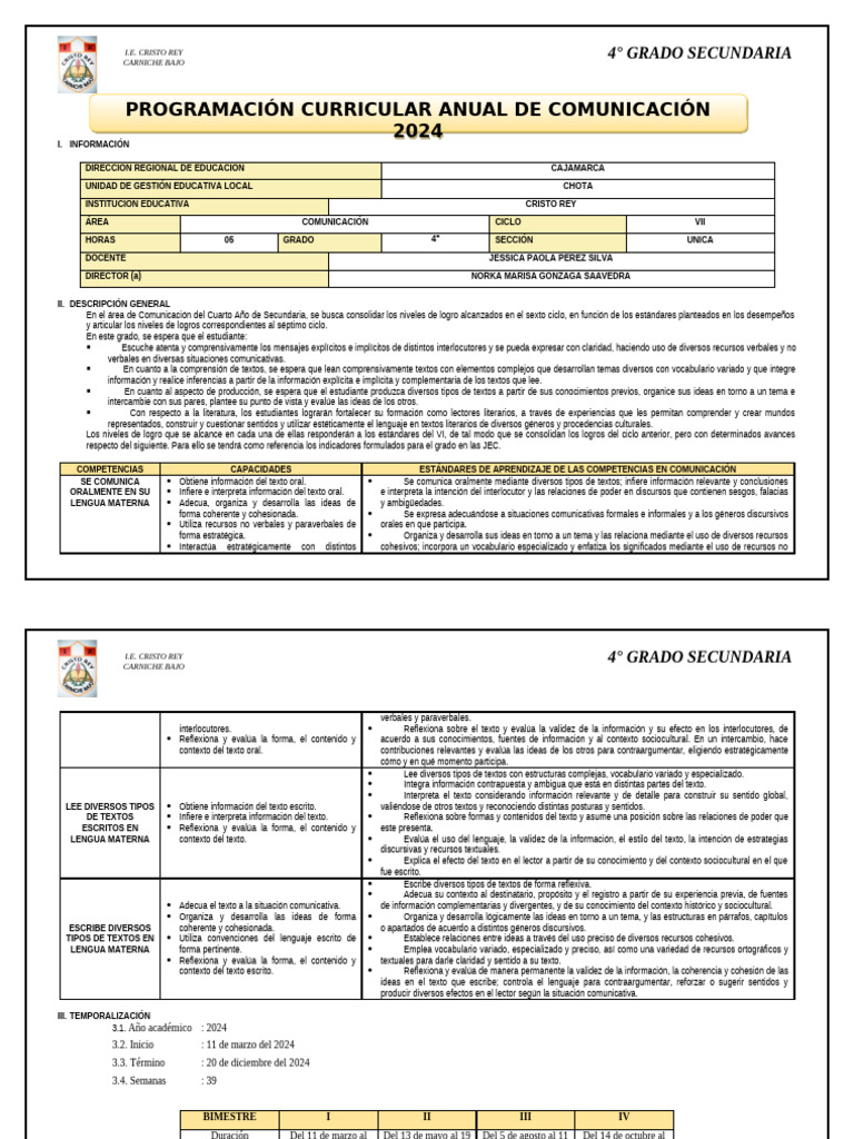 PROGRAMACION ANUAL Y UNIDADDES DE CUARTO GRADO 2024 | PDF | Enseñando | Comunicación