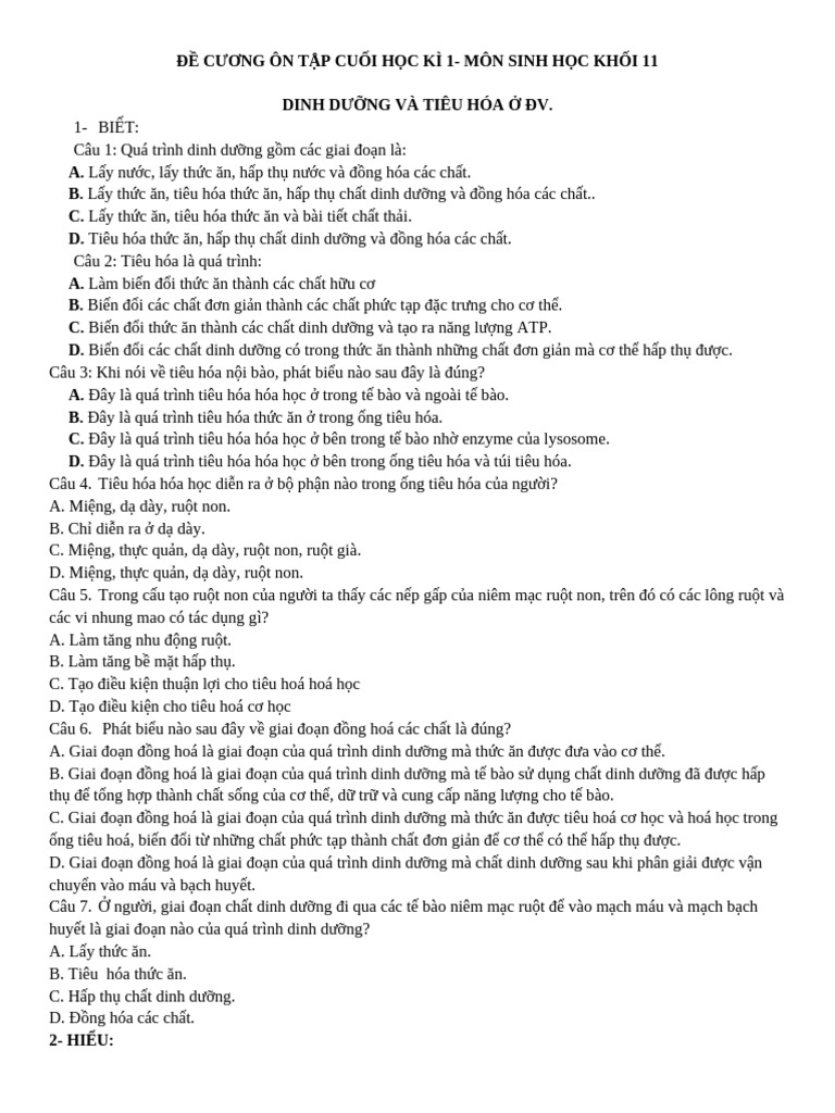 ĐỀ CƯƠNG ÔN TẬP CK1 - SINH 11- GỬI HS | PDF