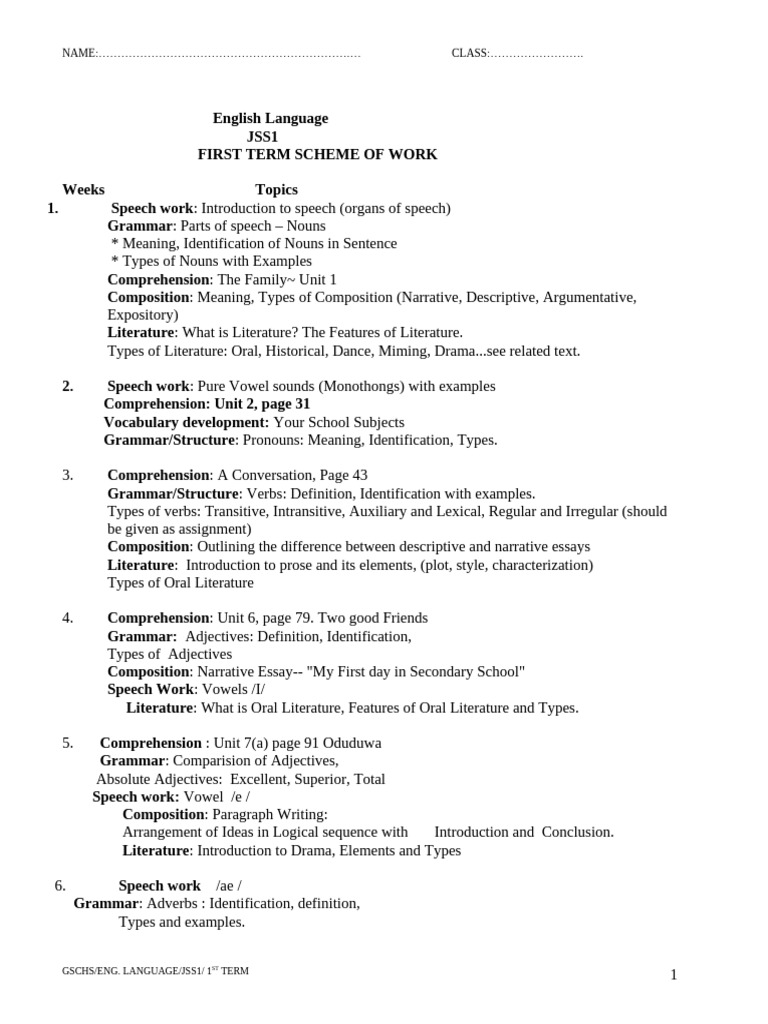 JSS1 English First Term Scheme of Work | PDF | Pronoun | Adjective