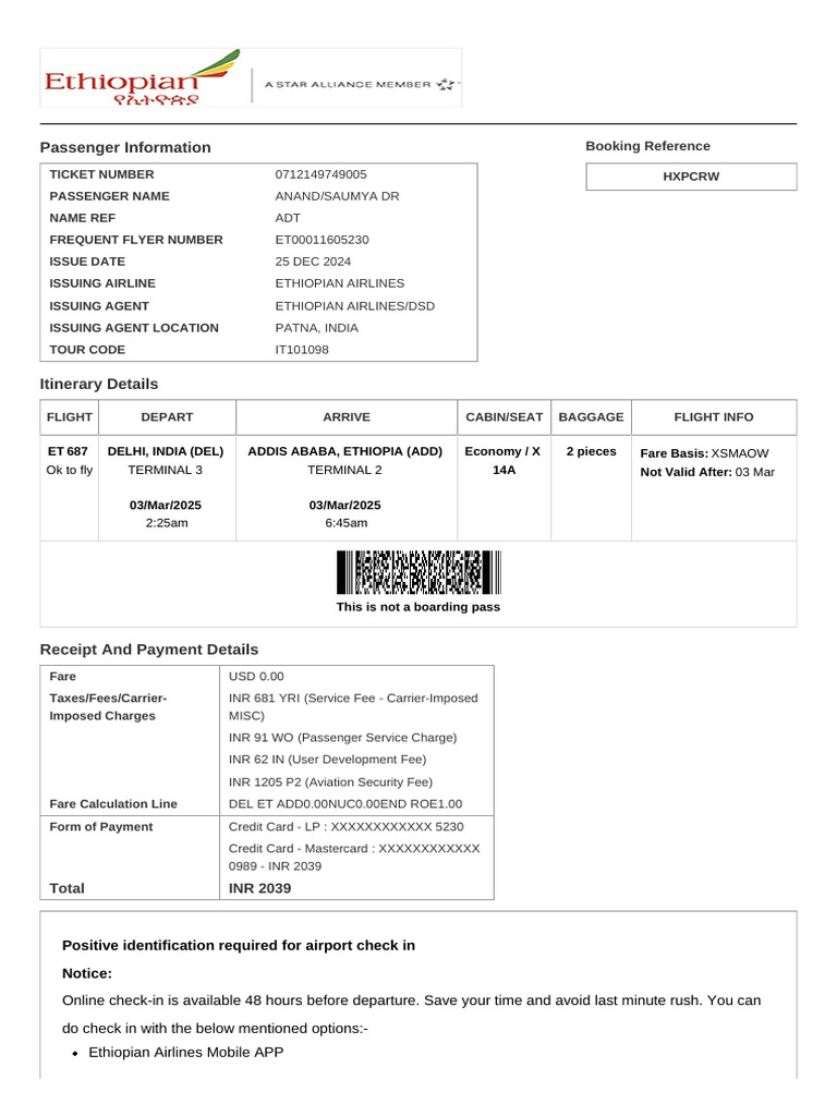 Ethiopian Airlines Passenger Details | PDF | Fee