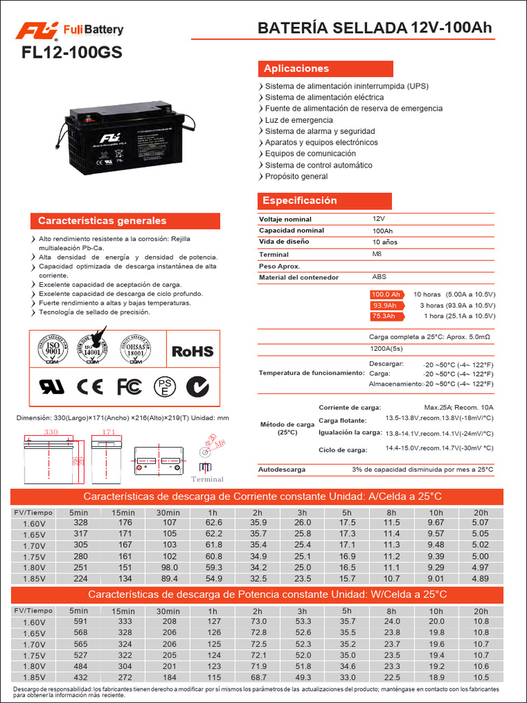 Fulibattery 12V - 100AH FL121000GS | PDF | Poder (Física ...