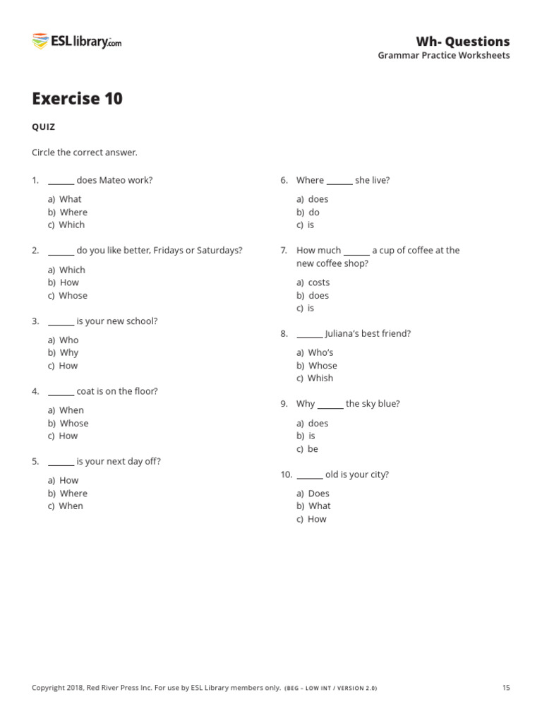 Wh- Questions – Grammar Practice Worksheets – ESL Library | PDF