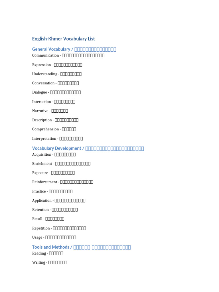 English-Khmer Vocabulary List | PDF