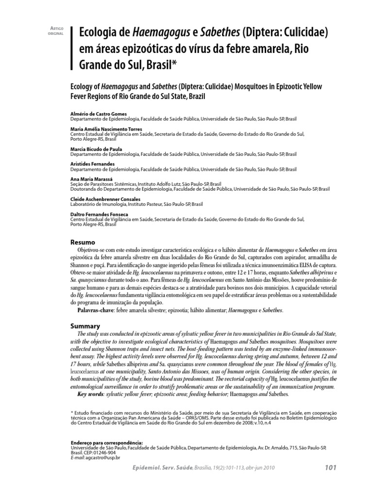 Ecologia de Haemagogus e Sabethes (Diptera Culicidae) em Áreas ...