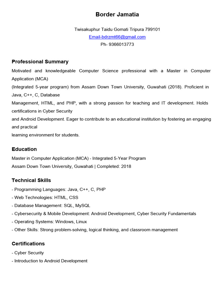Border Jamatia Resume | PDF