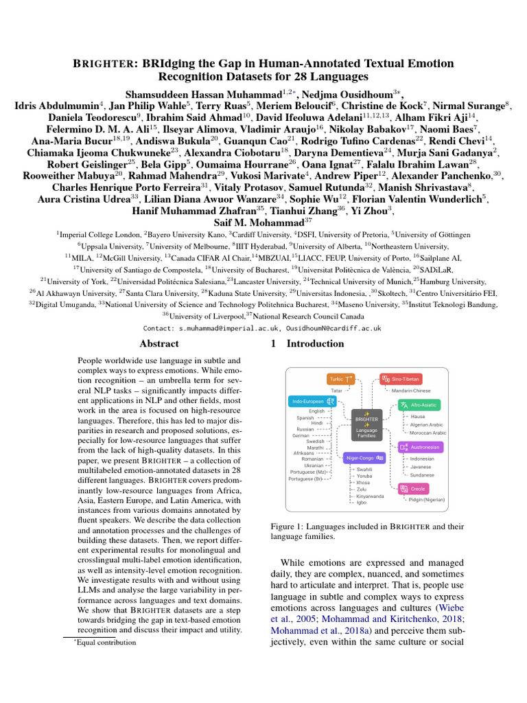 BRIGHTER: Emotion Datasets for 28 Languages | PDF | Emotions | Data