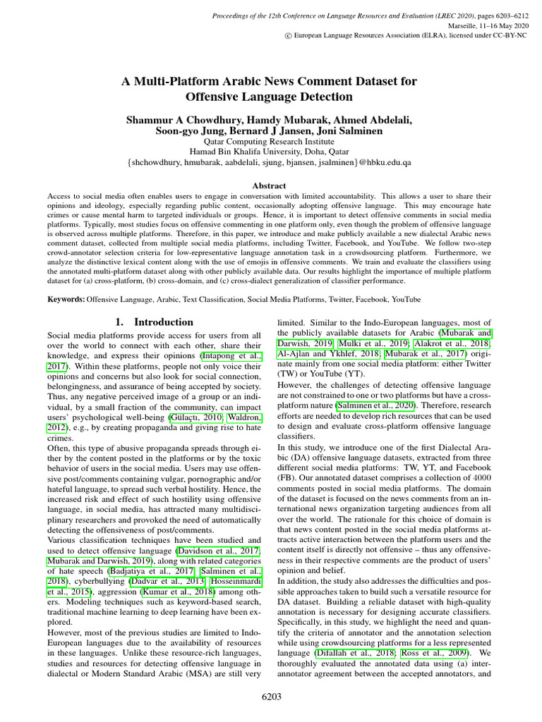 A Multi-Platform Arabic News Comment Dataset For Offensive Language Detection | PDF | Social ...