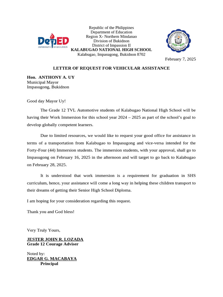 Letter to Municpal Mayor - Vehicular Assistance | PDF