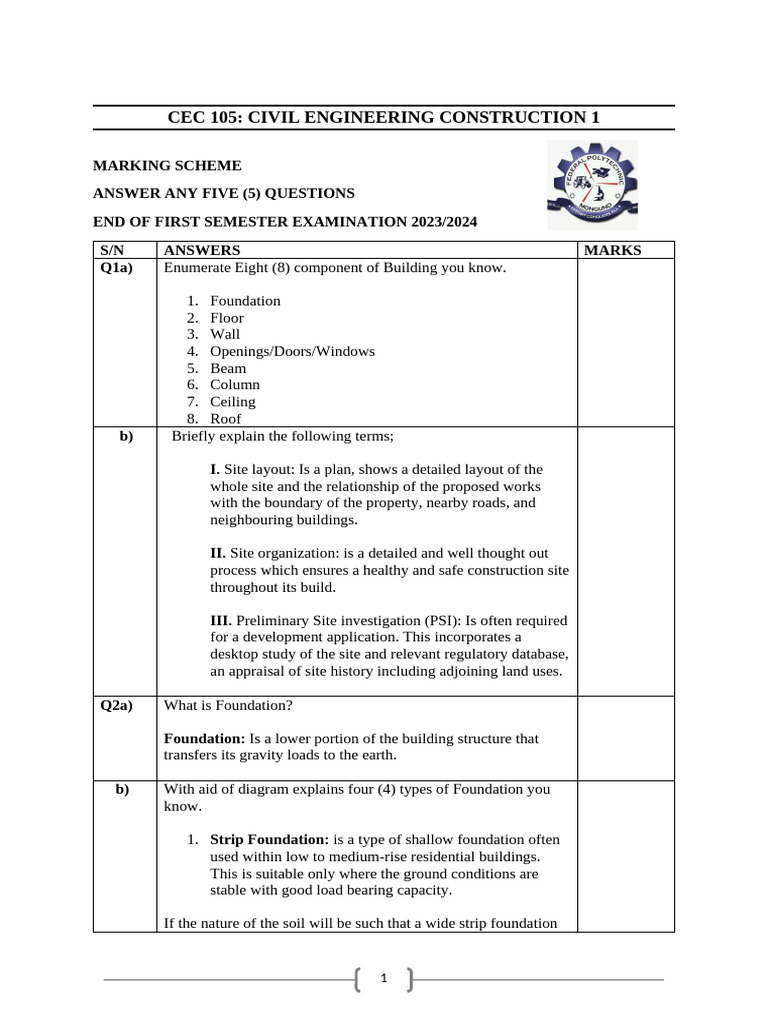 CEC 105 Exam Marking Scheme | PDF | Roof | Foundation (Engineering)