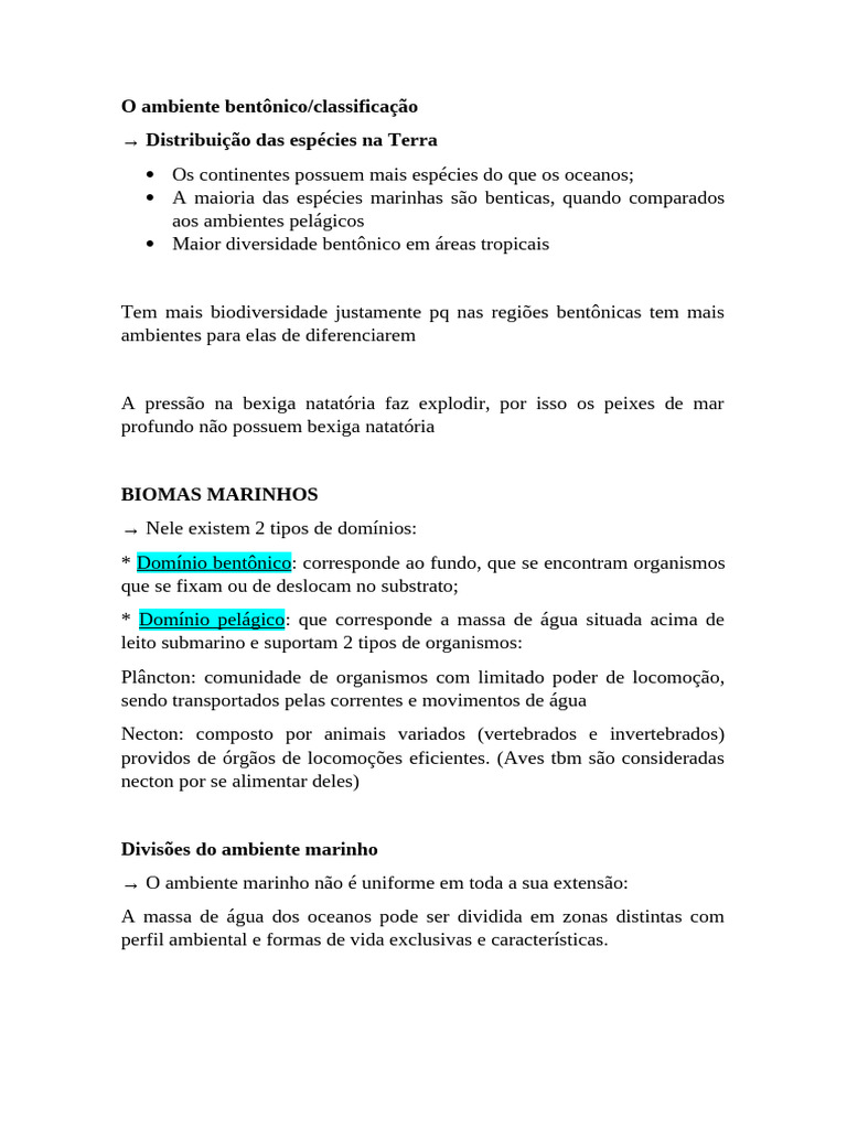 Classificação e Características do Ambiente Bentônico | PDF | Biologia ...