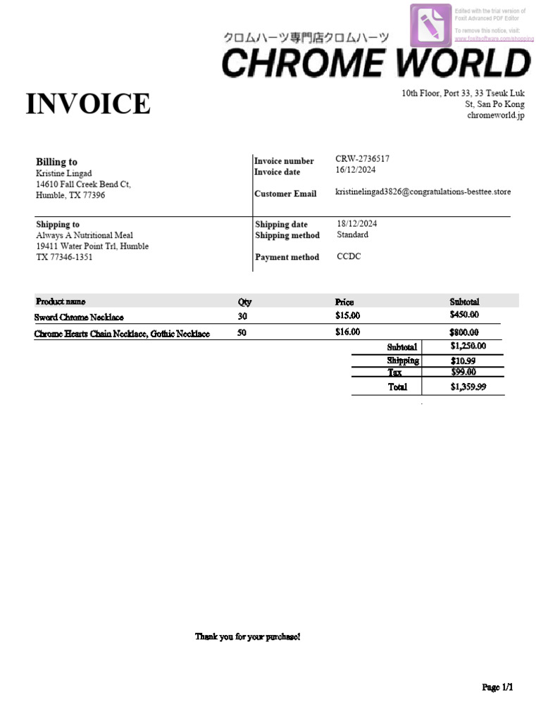 Invoice for Chrome Necklace Order | PDF