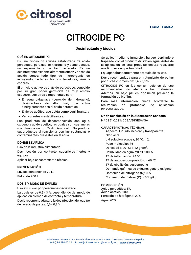 Citrocide PC: Desinfectante Eficaz | PDF | Peróxido de hidrógeno | Agua