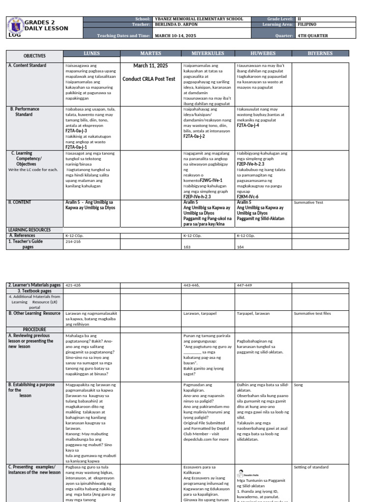 DLL - Filipino 2 - Q4 - W5 | PDF