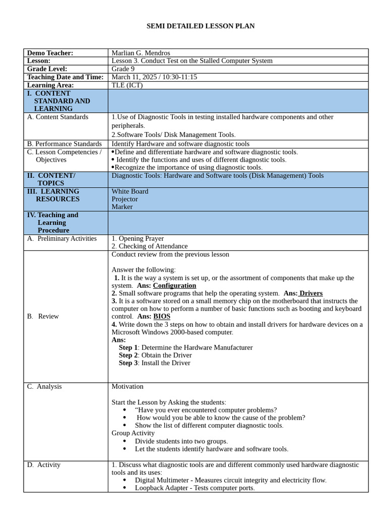 Semi-Detailed Lesson Plan in TLE (ICT) | PDF | Device Driver | Computer Hardware
