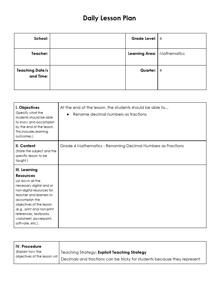 M4Q4L16 Lesson Plan - Renaming Decimal Numbers As Fractions | PDF | Decimal | Lesson Plan