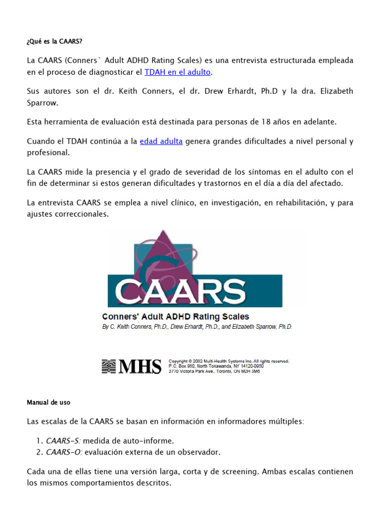 Entrevista Diagnóstica para Adultos Con TDAH, CAARS | PDF | Desorden hiperactivo y deficit de ...