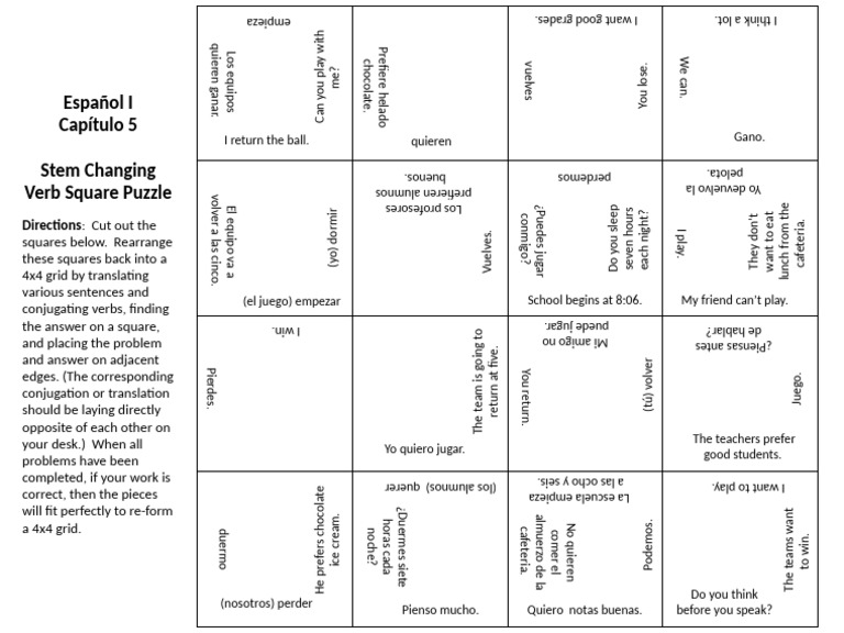 Español I Capítulo 5 Stem Changing Verb Square Puzzle: I Return The ...