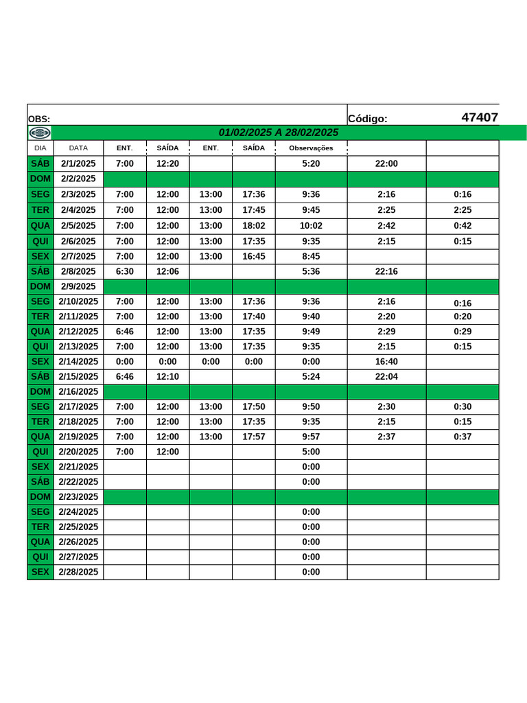 Cartão de Ponto Manual 02.2025 | PDF