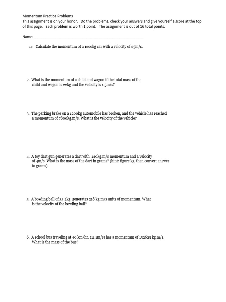 Momentum Practice Problems | PDF | Collision | Physics