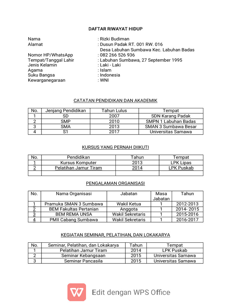 Daftar Riwayat Hidup Rizki Budiman | PDF