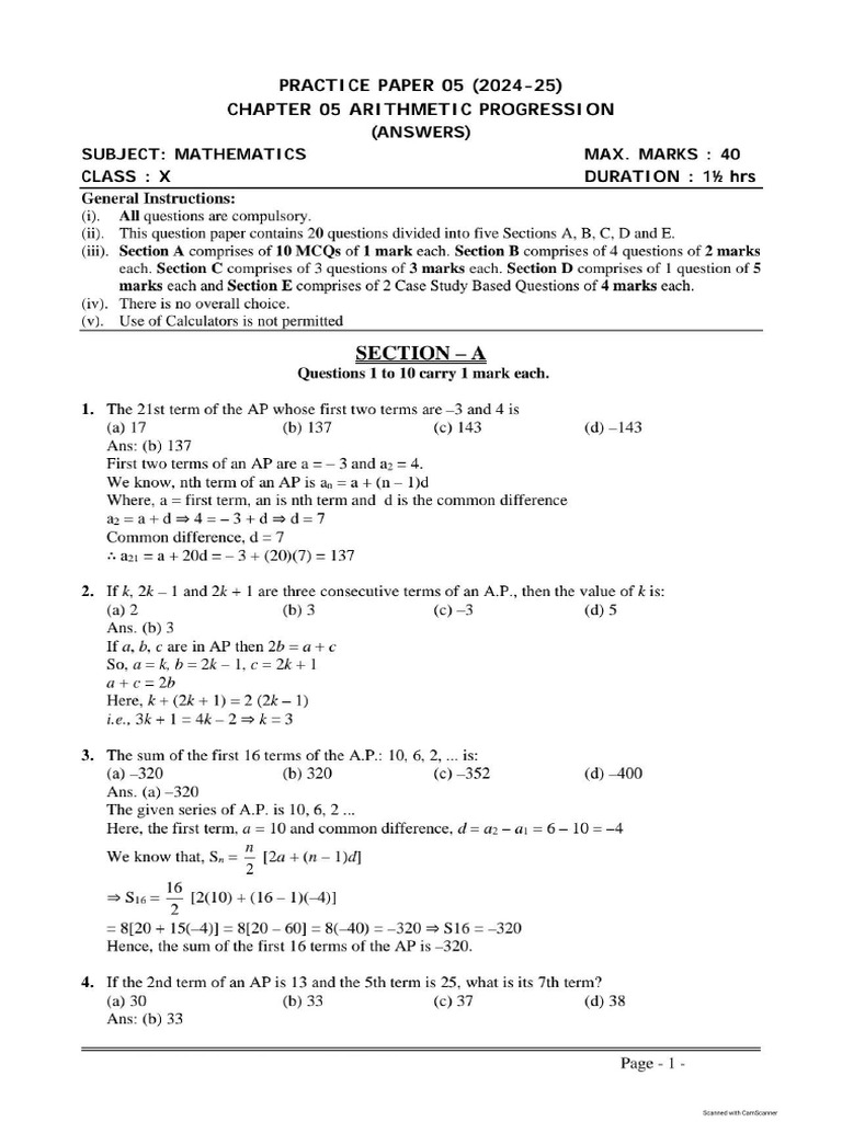 Maths Class X Chapter 05 Arithmetic Progression Practice Paper 05 2024 ...