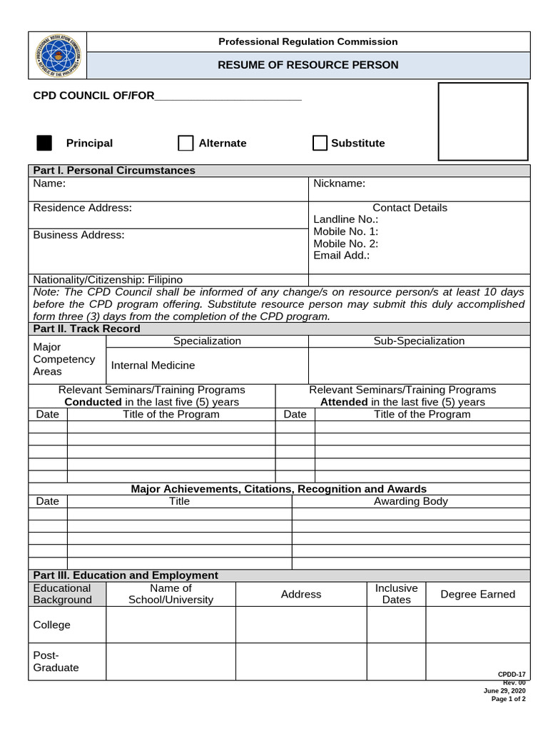 CPDD-17 Resume of Resource Person | PDF