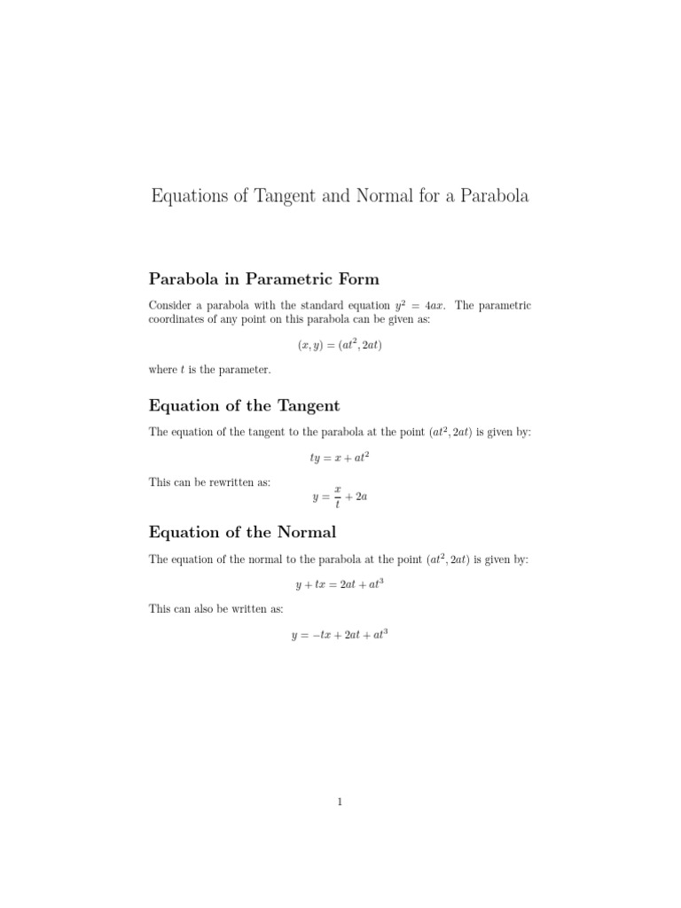 Tangent and Normal Equations for Parabola | PDF