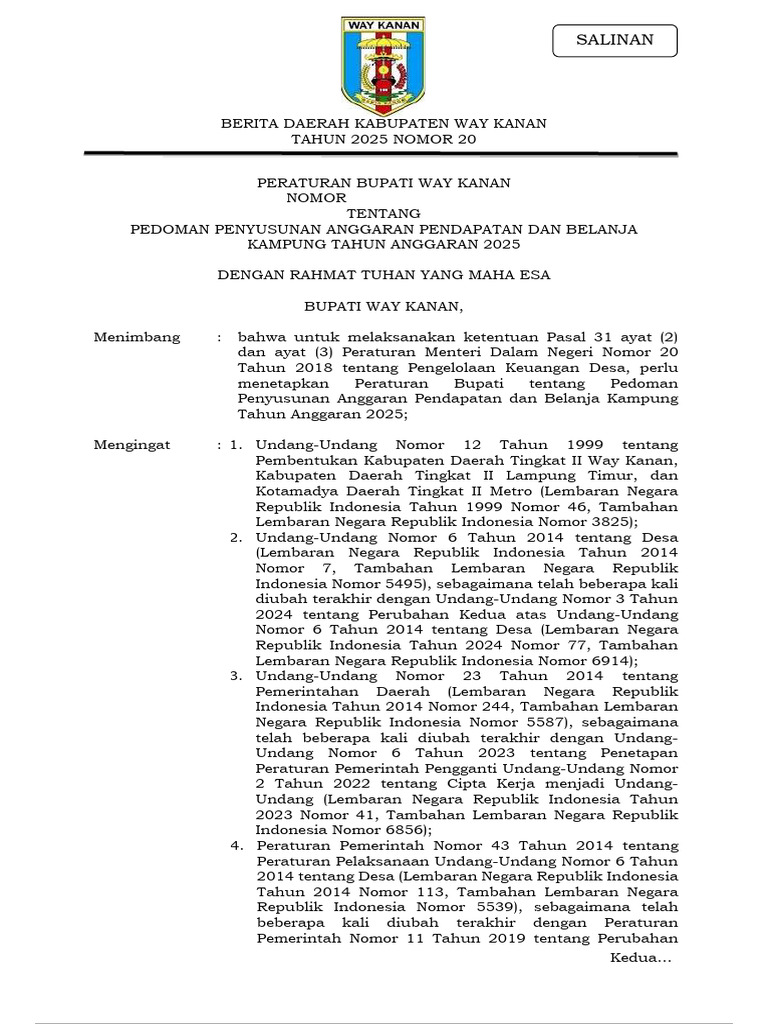 Perbup No 20 Tahun 2025 Tentang Pedoman APBKam 2025 | PDF