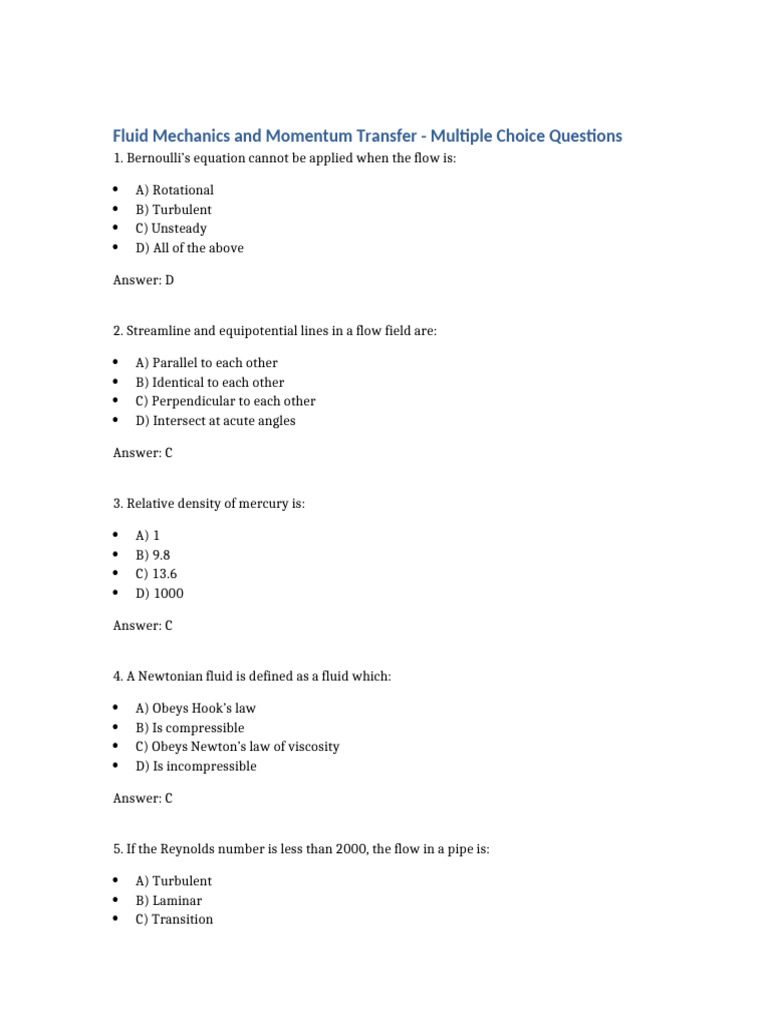 Fluid Mechanics 50 Questions | PDF | Fluid Dynamics | Viscosity