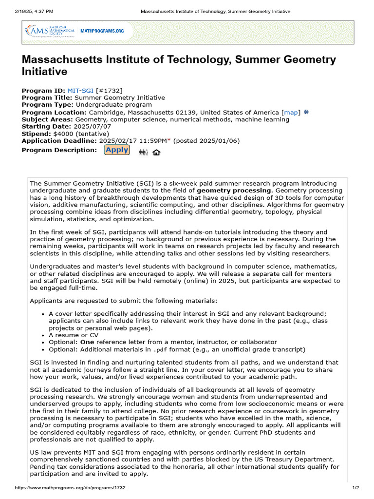 Massachusetts Institute of Technology, Summer Geometry Initiative-MIT ...
