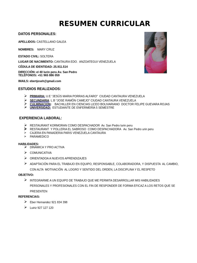 Currículum de Mary Cruz Castellano | PDF