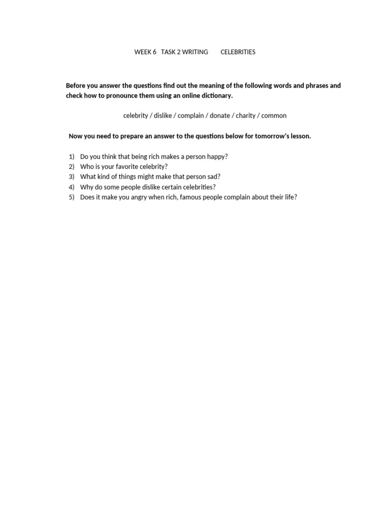 Week 6 Task 2 Writing Celebrities | PDF