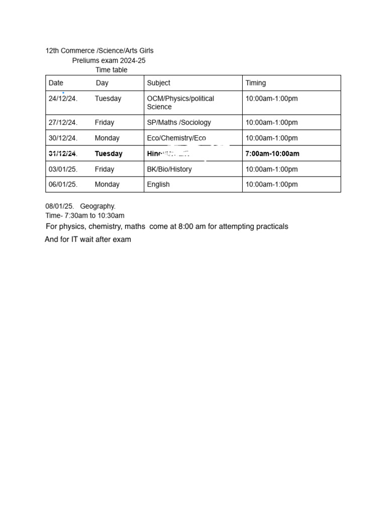 12th Preliums Exam Timetable 2024-25 | PDF