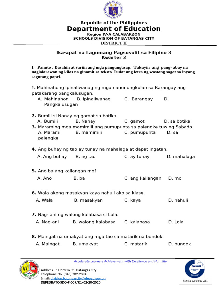 Filipino-3-Q3-Summative-Test No.4 | PDF