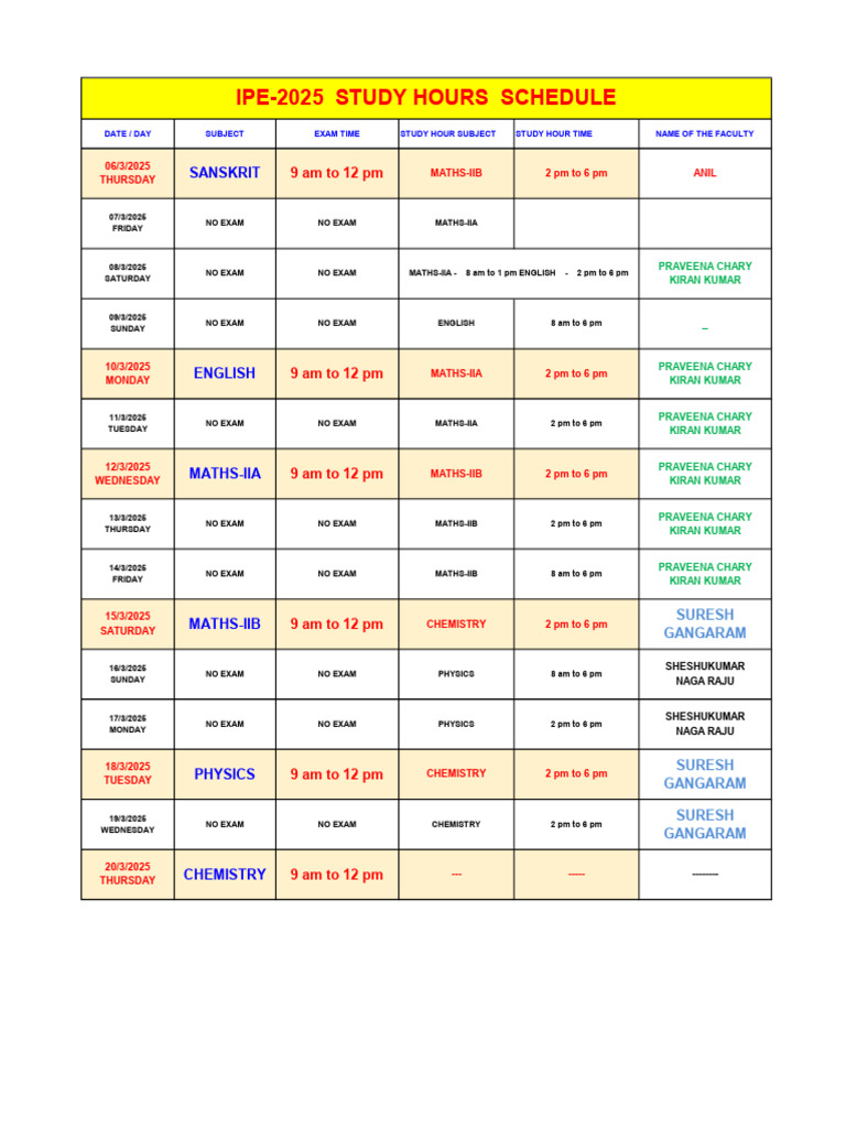 Ipe-2025 Study Hours Schedule | PDF