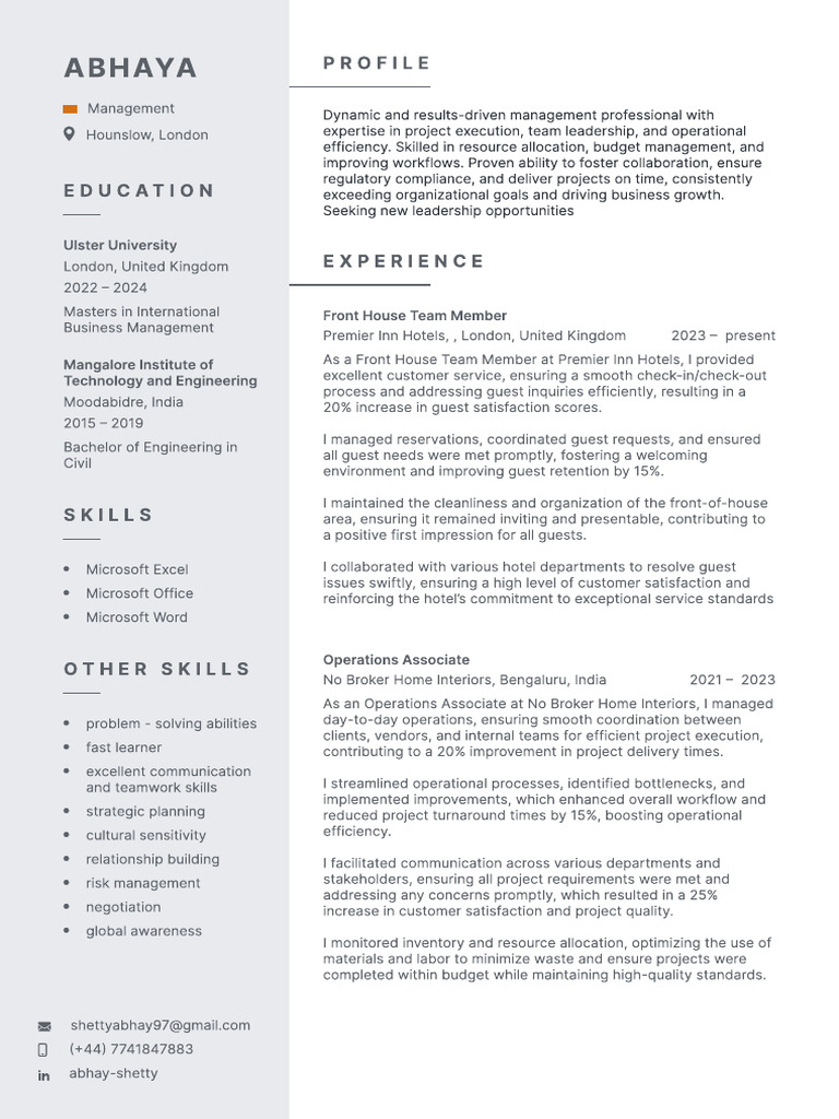 CV - Abhay - Shetty - Management | PDF | Business